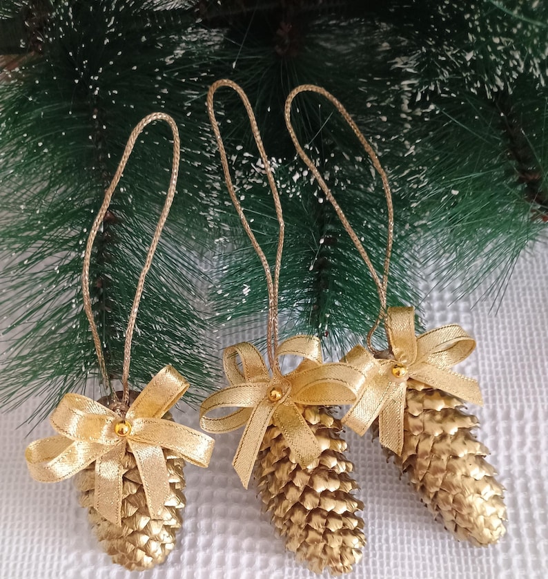 Pine Cones Decor Christmas Tree Ornaments in Gold Set of 6 Real ...