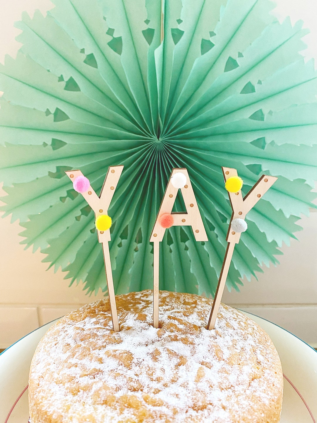 YAY Birthday Etched Wooden Cake Toppers Handfinished With Bright Pom ...