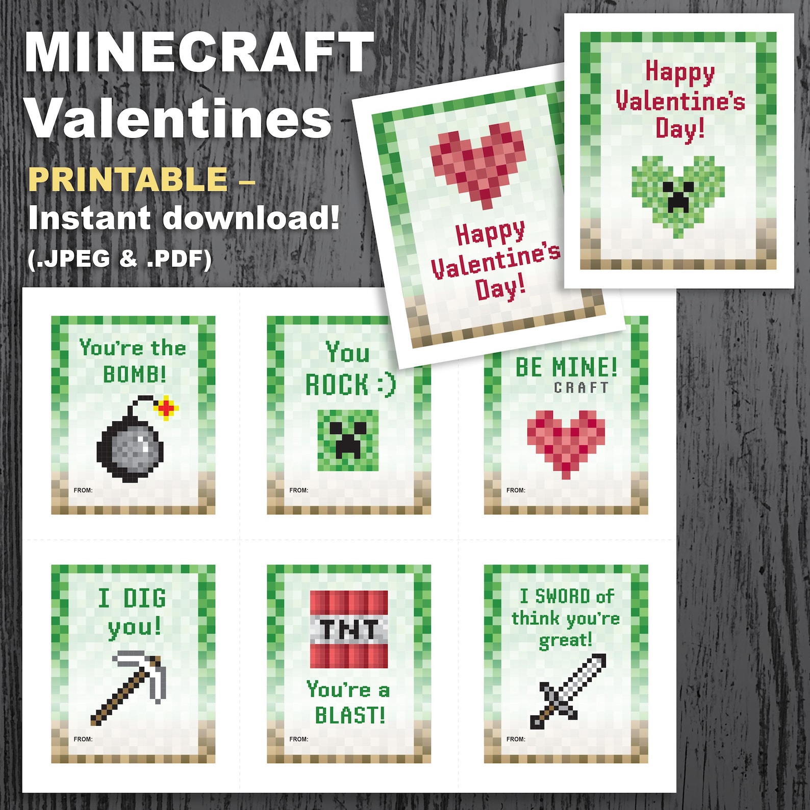 Minecraft Valentines Cards | Gamer, Kids Classroom - 6 Designs (PDF ...