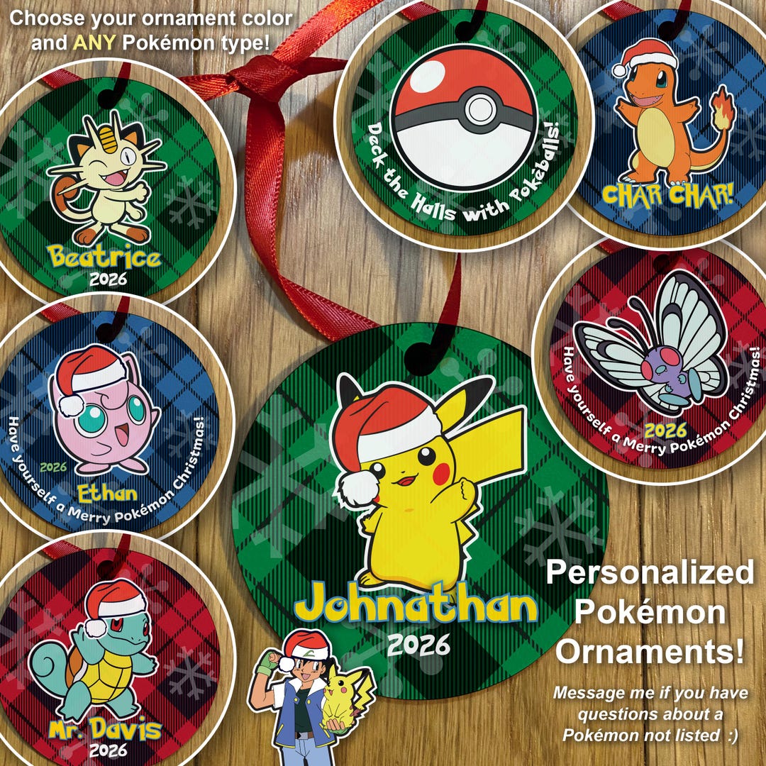 Personalized ANY Pokemon Christmas Ornament, Red Green or Blue Plaid ...