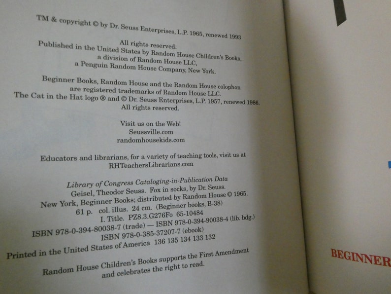 Fox in Socks 1993 Publication by Dr. Seuss Beginner Books New Condition ...