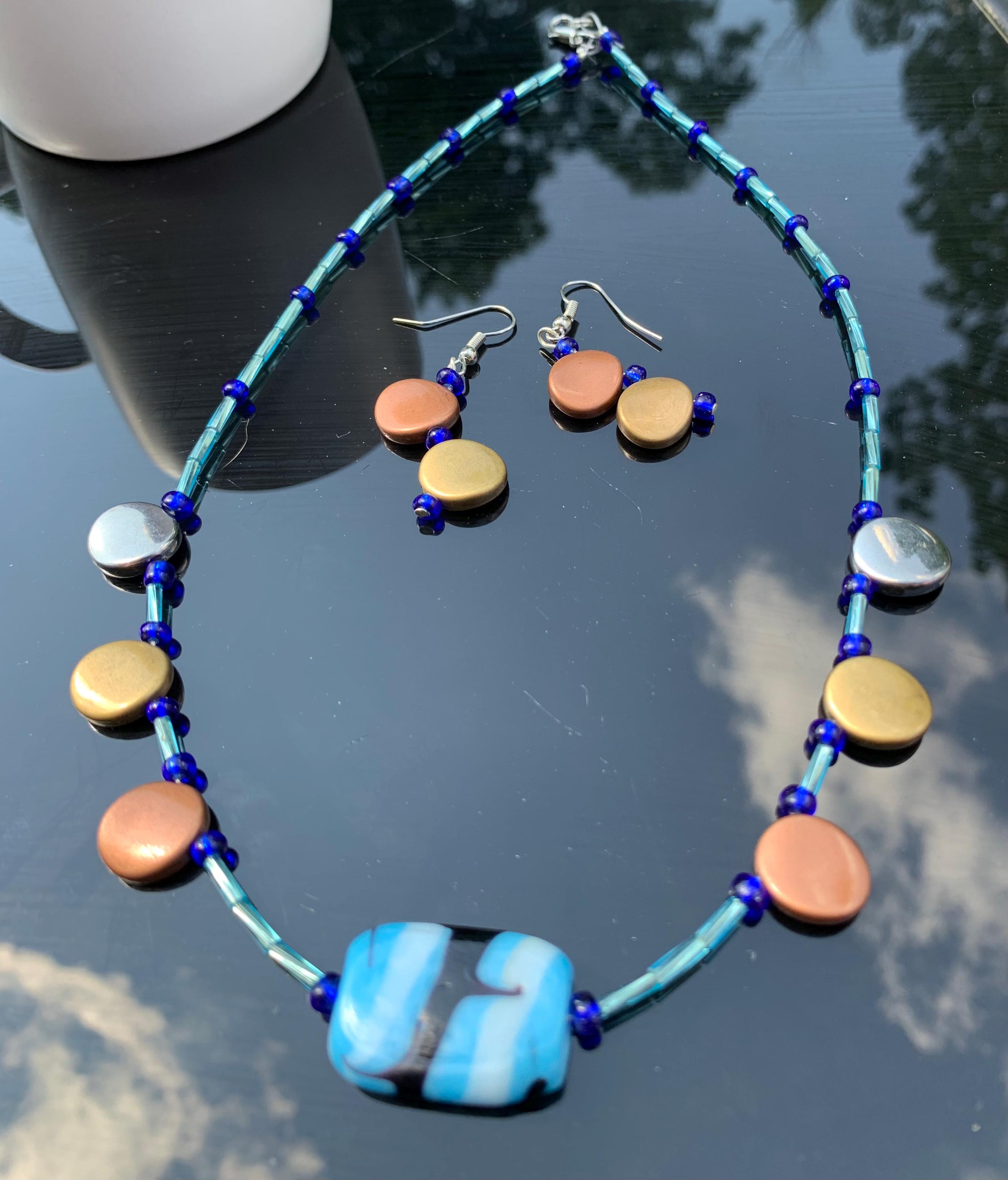 Blue and Metallic Bead Bead Set With Central Blue Bead - Etsy