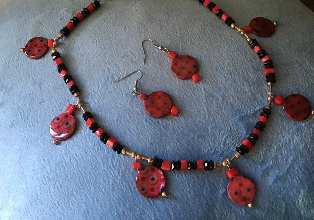 Red and Black Beaded Necklace and Earring Set. Gold Colored Spacings ...