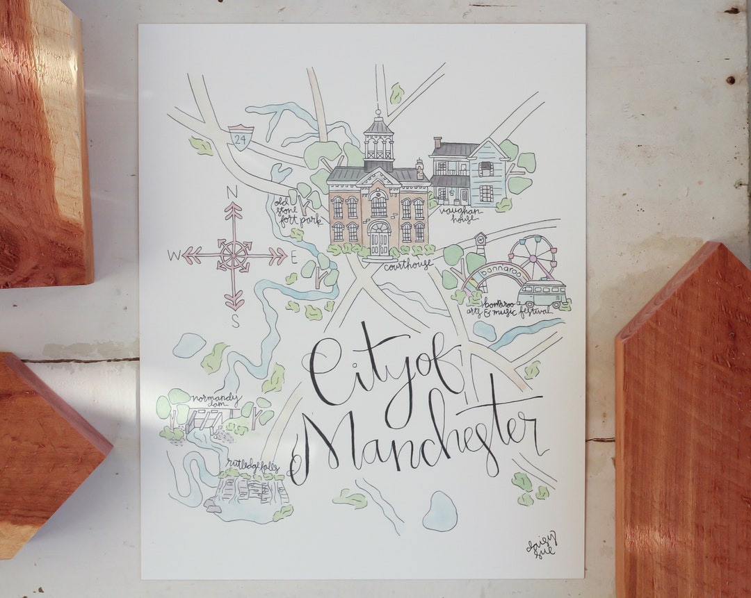City of Manchester, TN Map Watercolor Art Print - Etsy