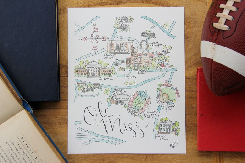Ole Miss Map Watercolor Art Print University of Mississippi - Etsy