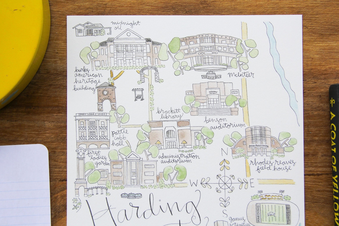 Harding University Map Watercolor Art Print - Etsy