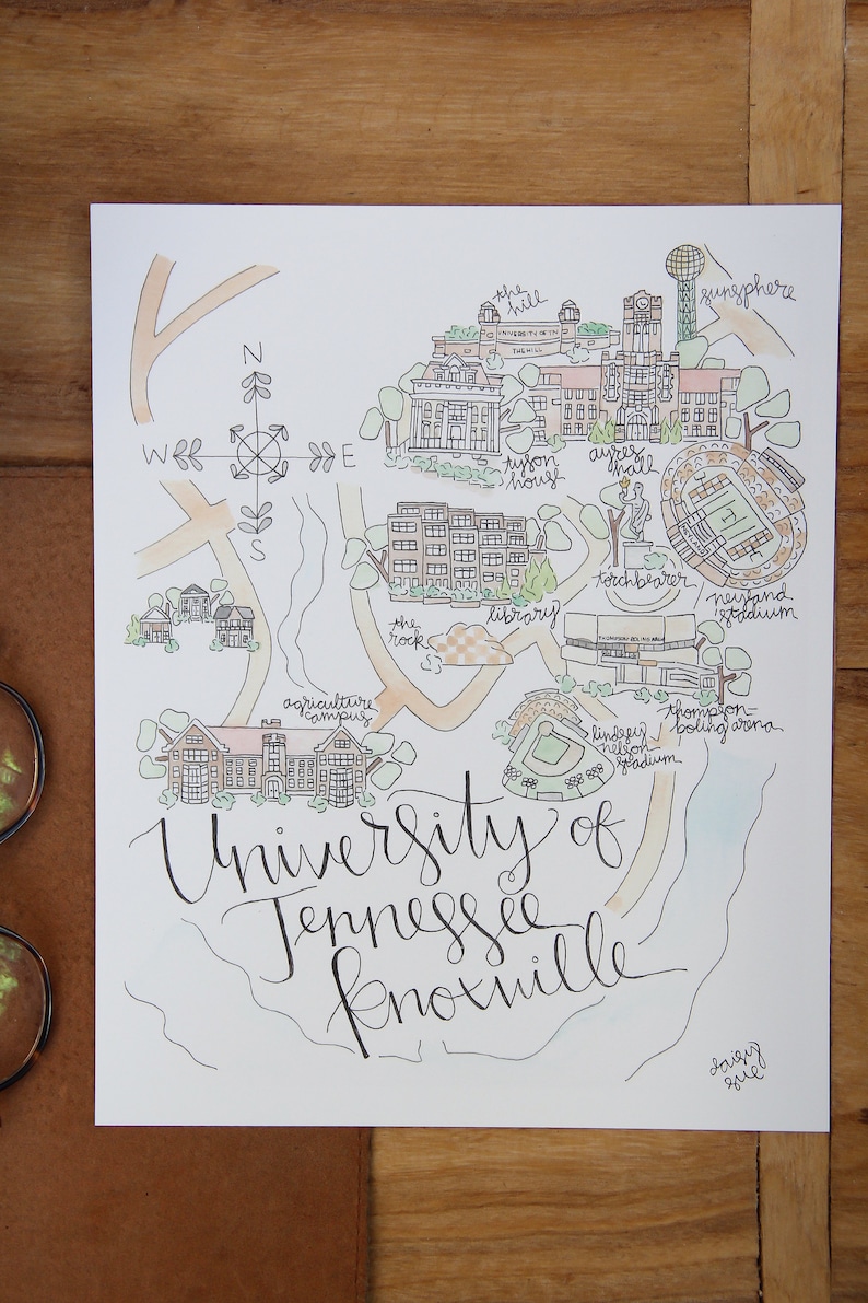 University of Tennessee Map Art Print – Knoxville Watercolor ...