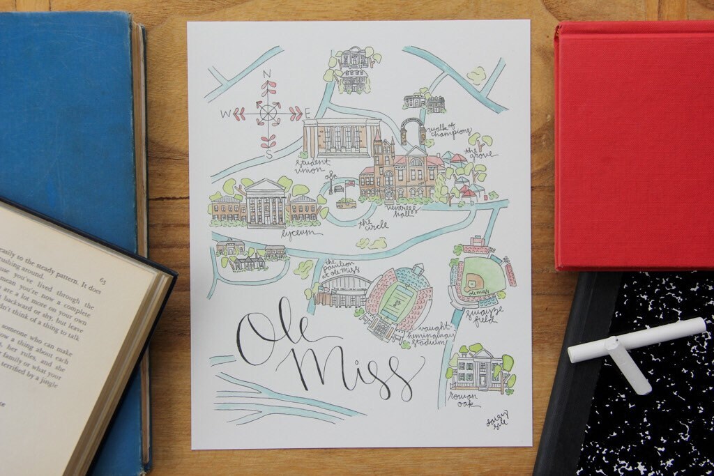 Ole Miss Map Watercolor Art Print University of Mississippi - Etsy