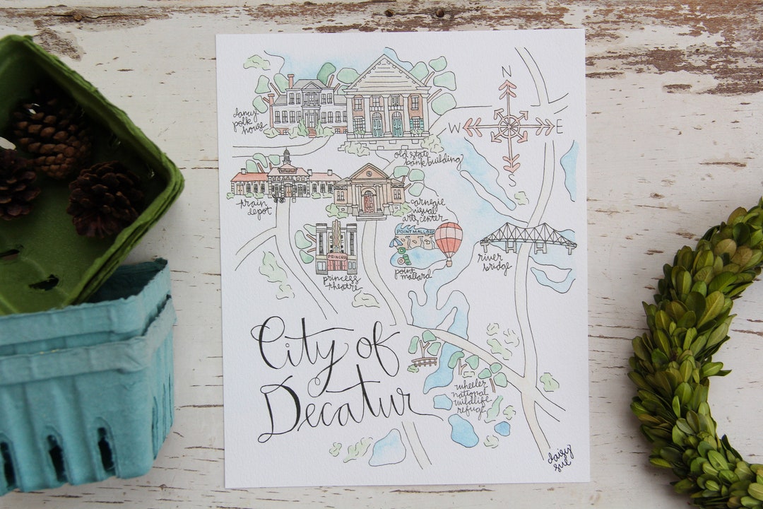 City of Decatur Map Watercolor Art Print- Decatur, Alabama - Etsy