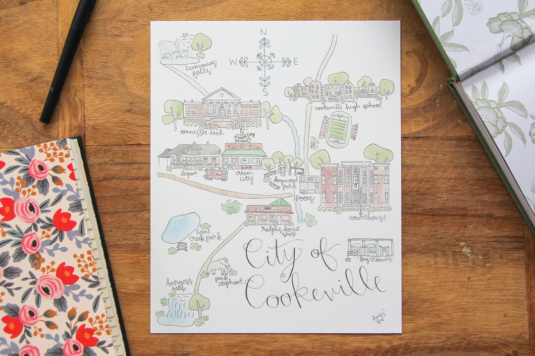 City of Cookeville, TN Map Watercolor Art Print - Etsy