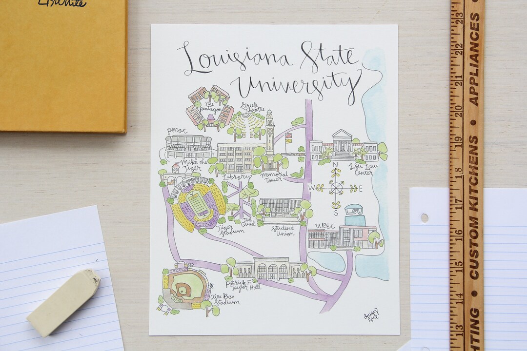Louisiana State University Map Watercolor Art Print- LSU Art Print ...