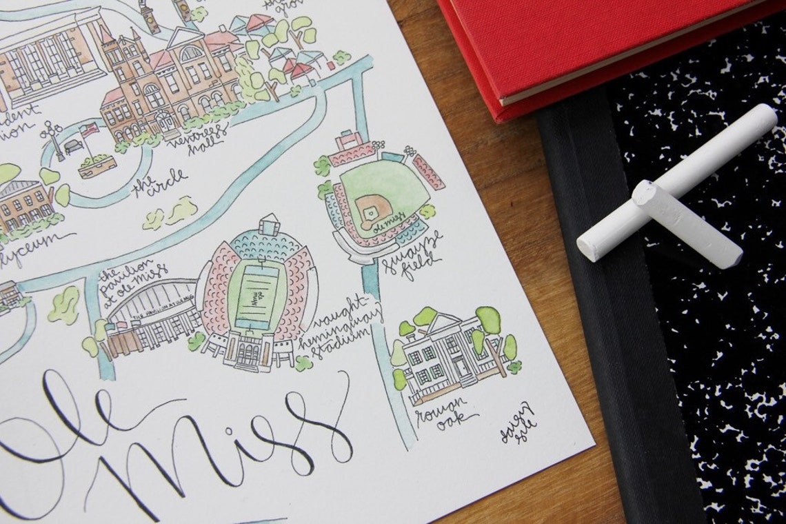 Ole Miss Map Watercolor Art Print University of Mississippi | Etsy