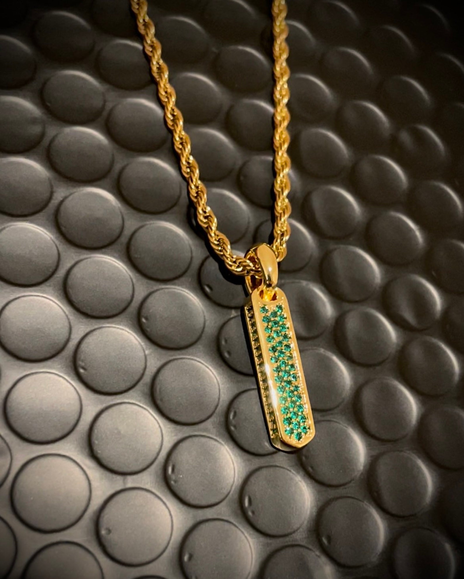 Men's Diamond Vertical Bar Pendant - Gold on Emerald Pavé Gemstones - Etsy