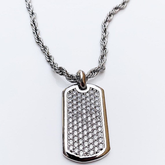 Rhodium Silver Crystal Mens Dog Tag Necklace by J. Vartani | Etsy