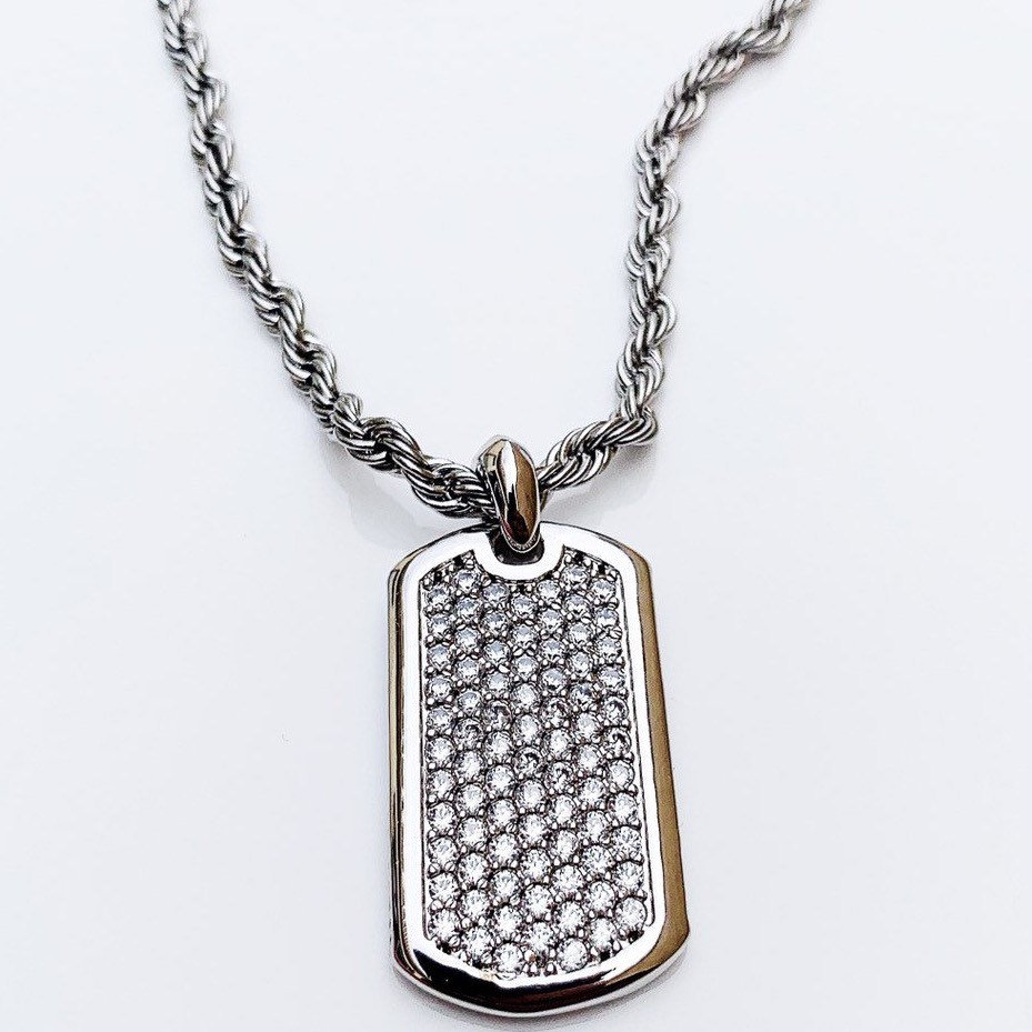 Rhodium Silver Crystal Mens Dog Tag Necklace by JV Jewelry - Etsy