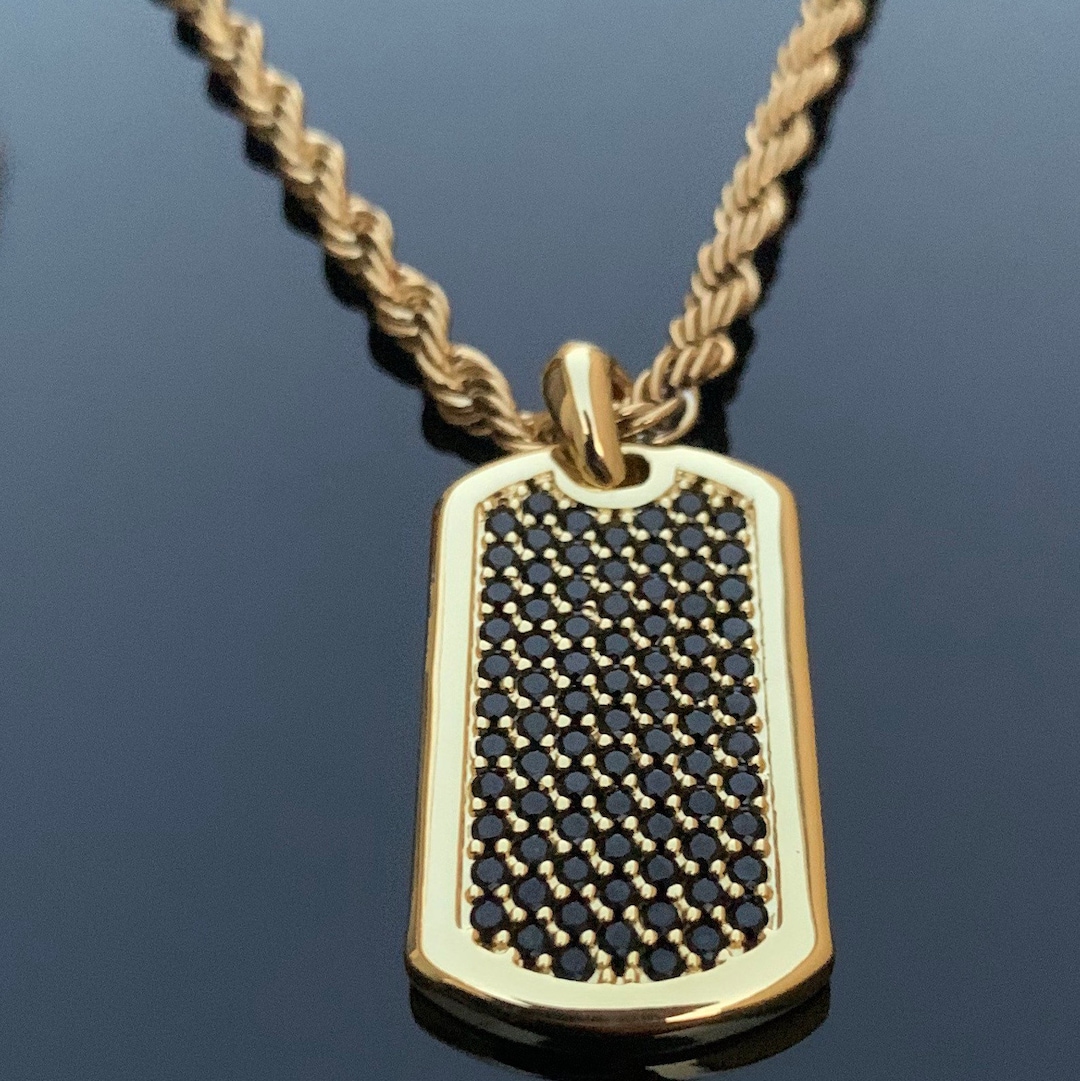 Gold Dog Tag Pendant Necklace on Black Gemstones by JV Jewelry - Etsy