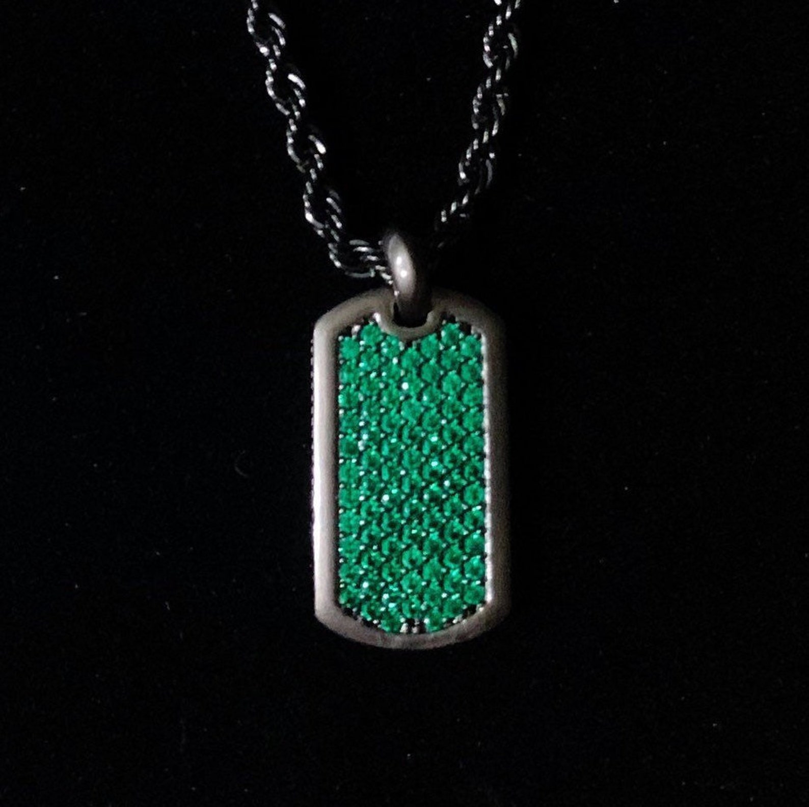 Matte Black Pendant W/ Emerald Green Gemstones Dog Tag Necklaces by JV ...