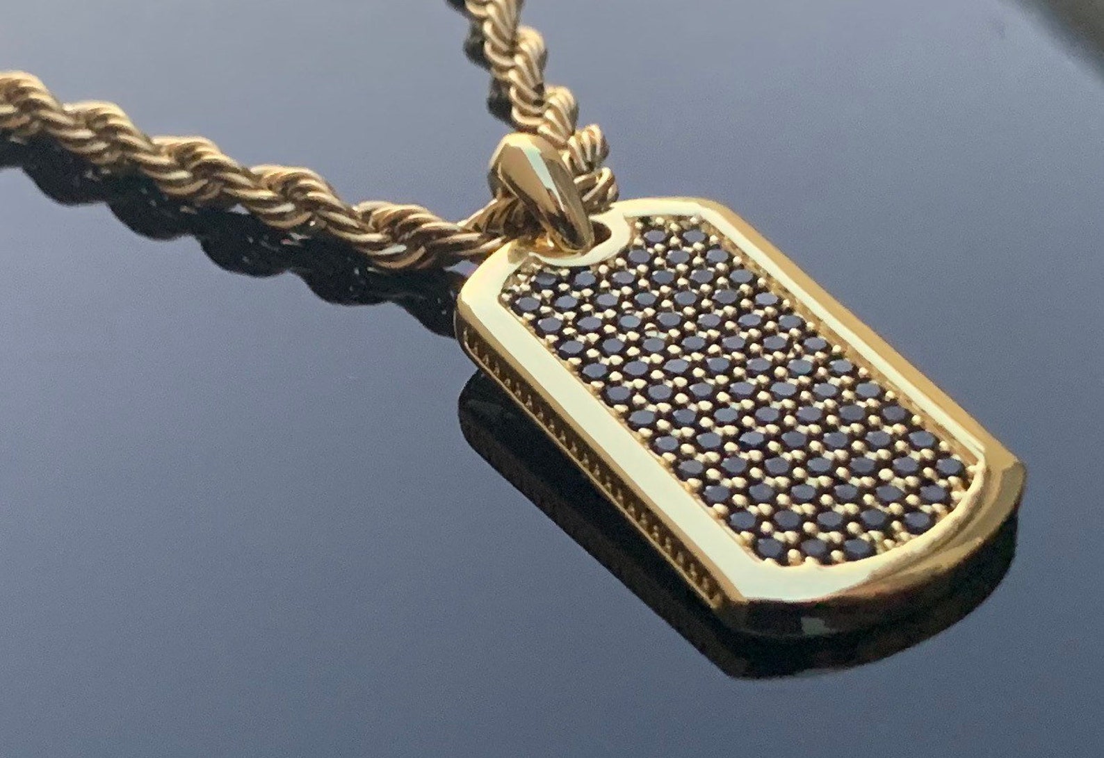 Gold Dog Tag Pendant Necklace on Black Gemstones by J. Vartani | Etsy