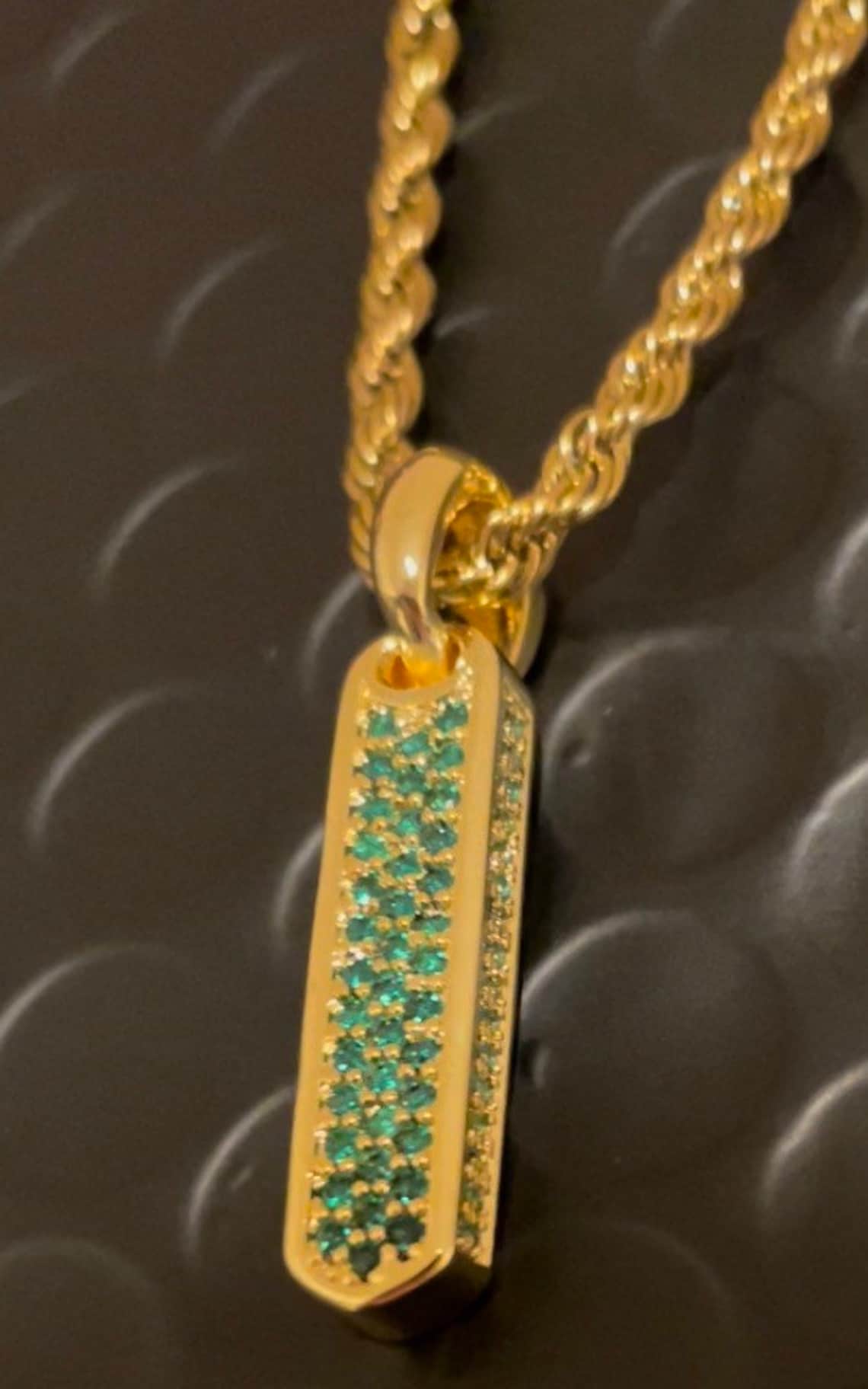 Men's Diamond Vertical Bar Pendant Gold on Emerald Pavé | Etsy