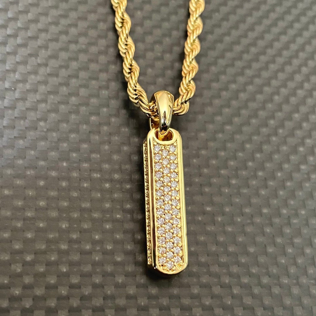 Men's Diamond Vertical Bar Pendant - Gold on White Pavé Gemstones - Etsy