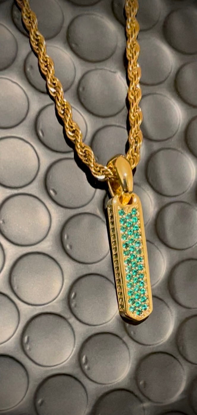 Men's Diamond Vertical Bar Pendant - Gold on Emerald Pavé Gemstones - Etsy