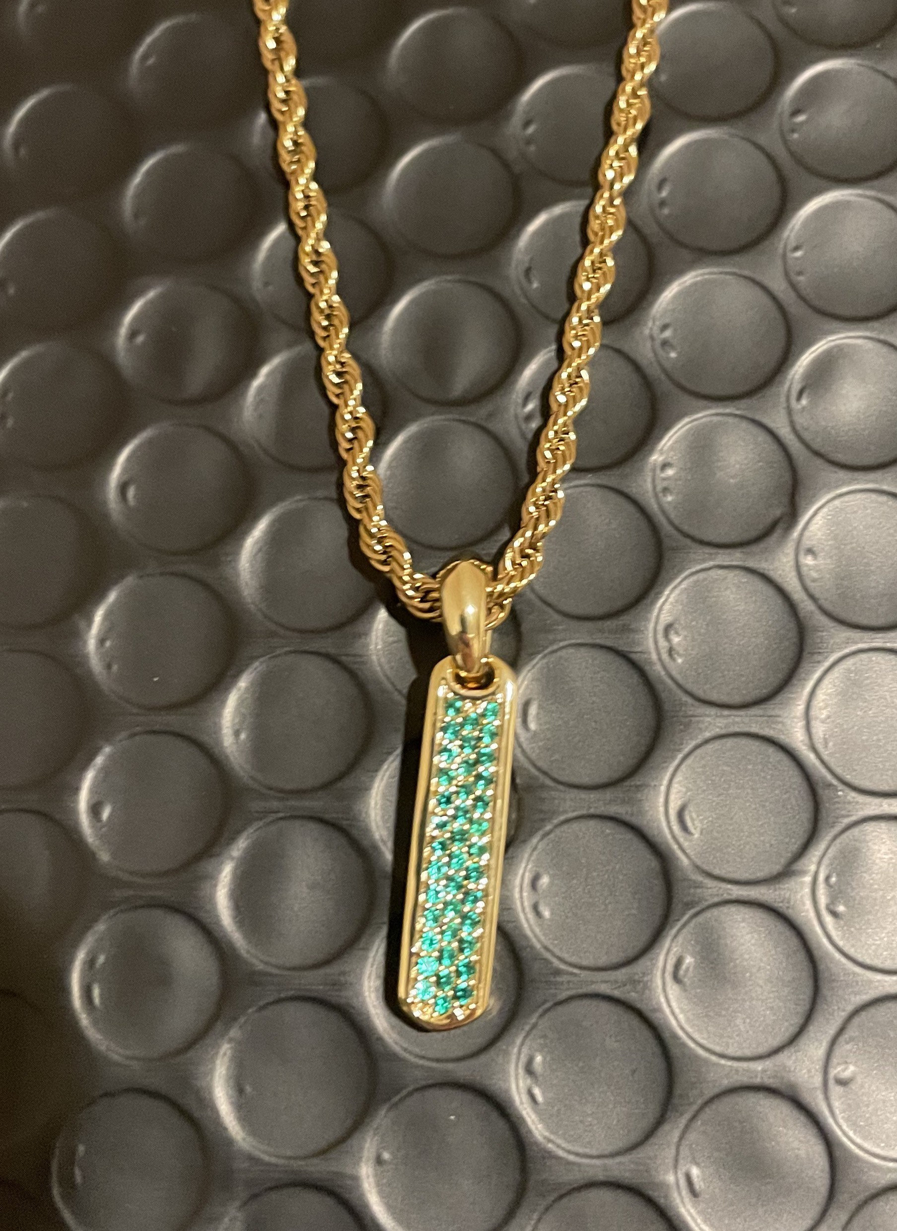 Men's Diamond Vertical Bar Pendant - Gold on Emerald Pavé Gemstones - Etsy
