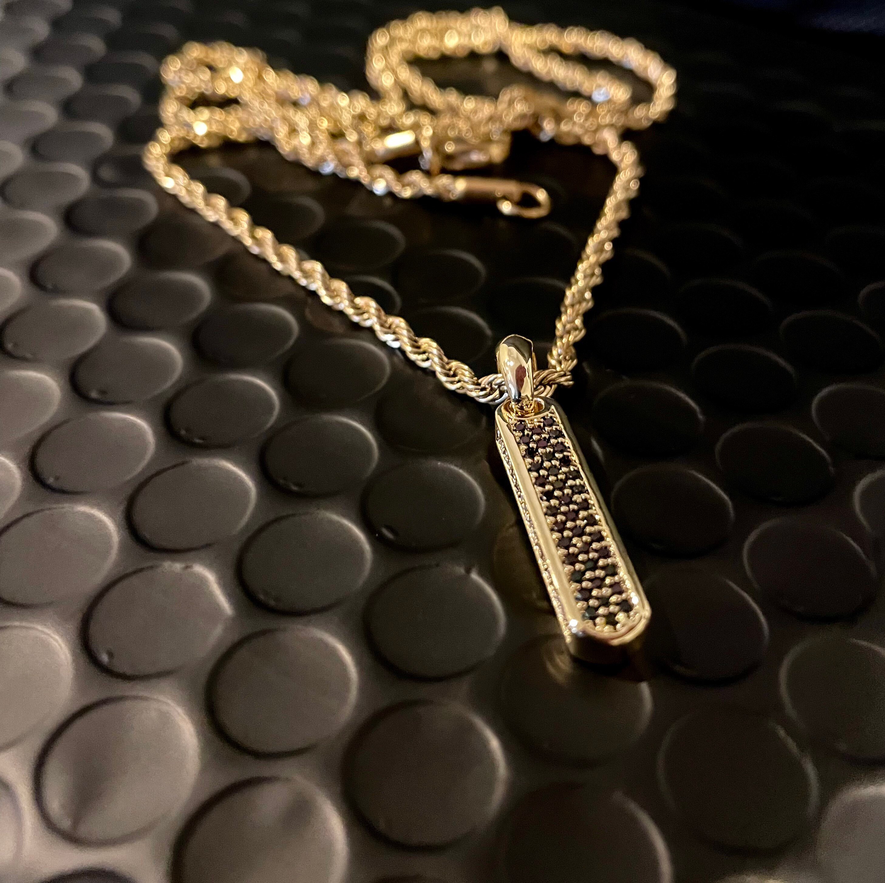 Men's Diamond Vertical Bar Pendant Gold on Black Pavé Gemstones - Etsy