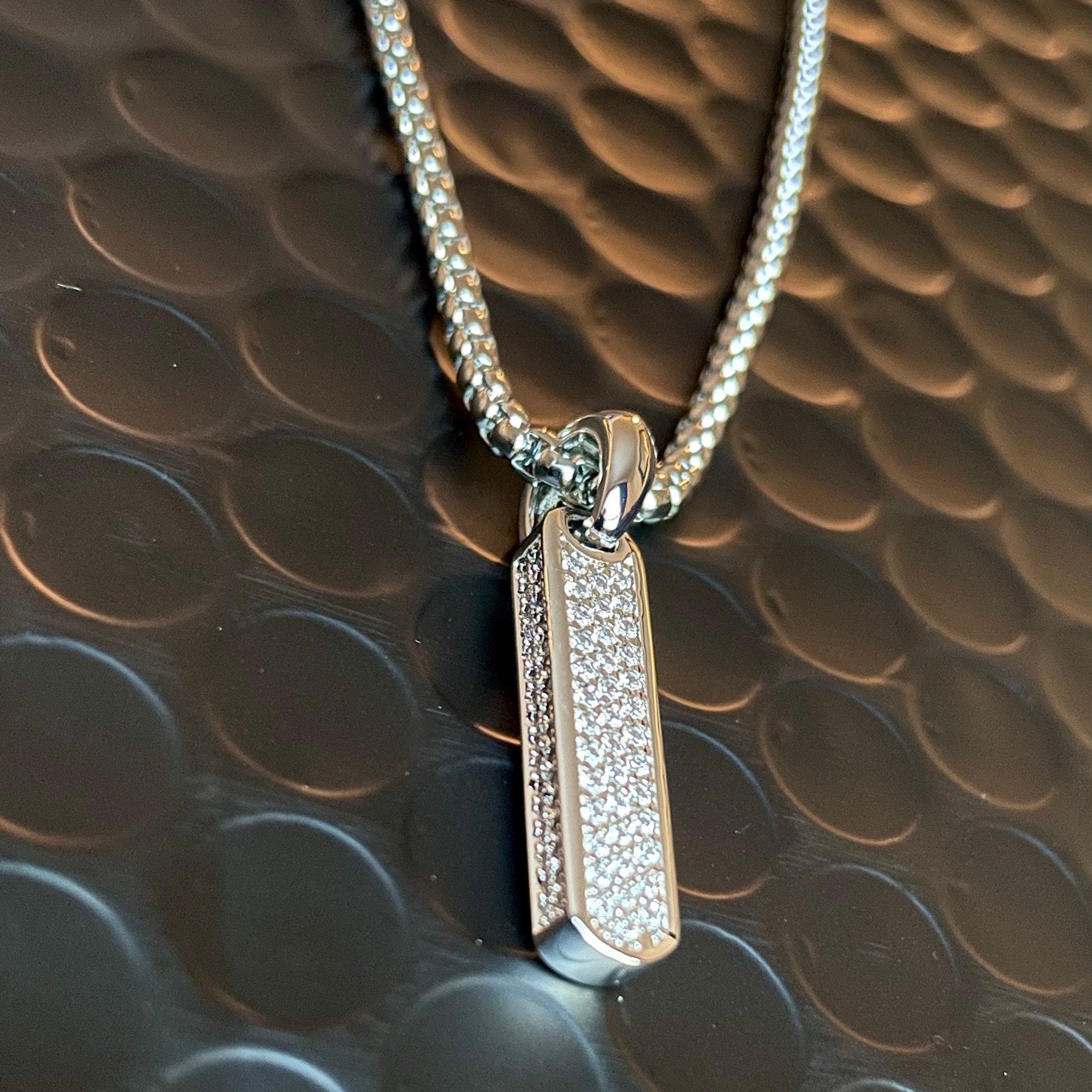 Men's Diamond Vertical Bar Pendant - Rhodium Silver on Pavé Diamond ...