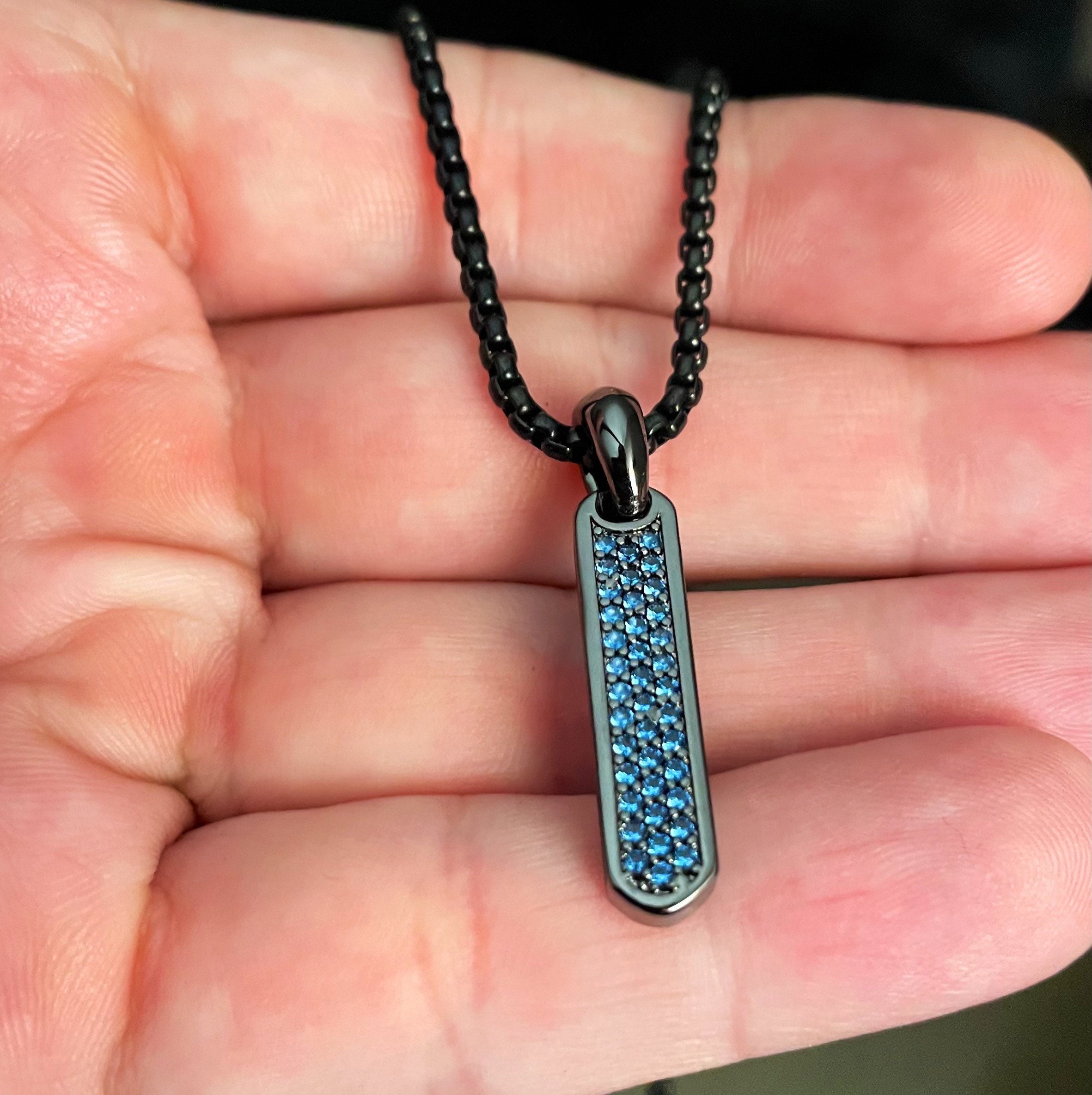 Men's Diamond Vertical Bar Pendant - Rhodium Black on Sapphire Blue - Etsy