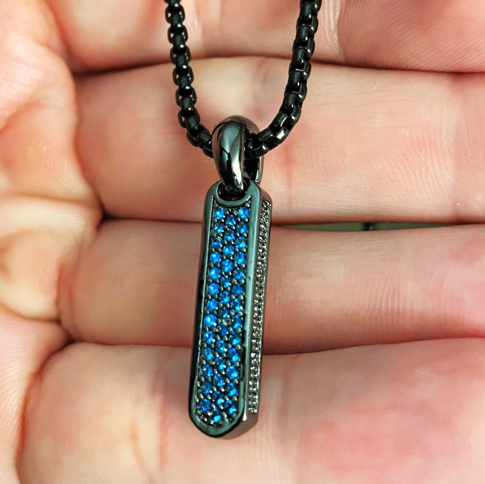 Men's Diamond Vertical Bar Pendant - Rhodium Black on Sapphire Blue - Etsy