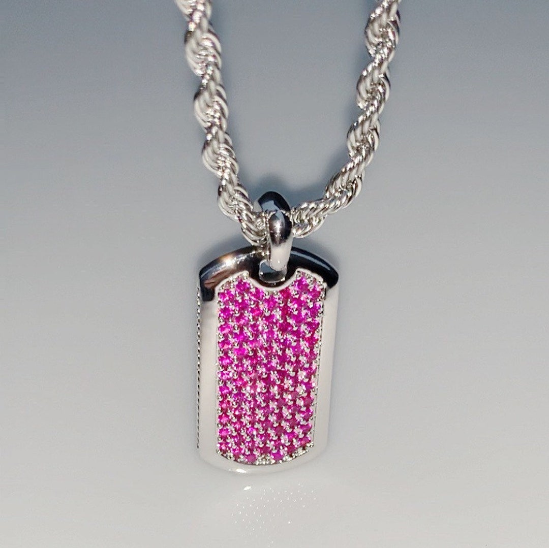 Collares con placa de identificación de plata rodiada y turmalina rosa ...