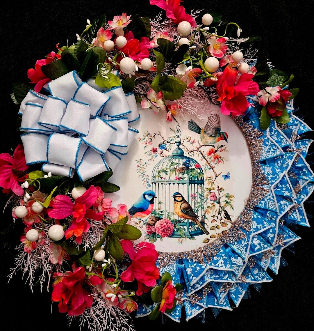 Handmade Floral Bird Cage Wreath: Rose Gold & Blue Ribbon Decor - Etsy