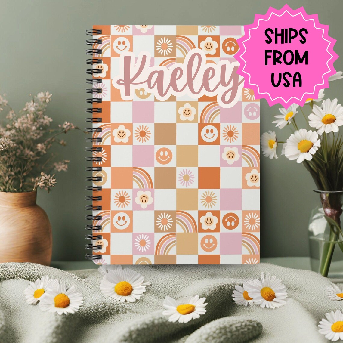 Personalized Retro Notebook, Checkered Spiral Journal, Smiley Face ...