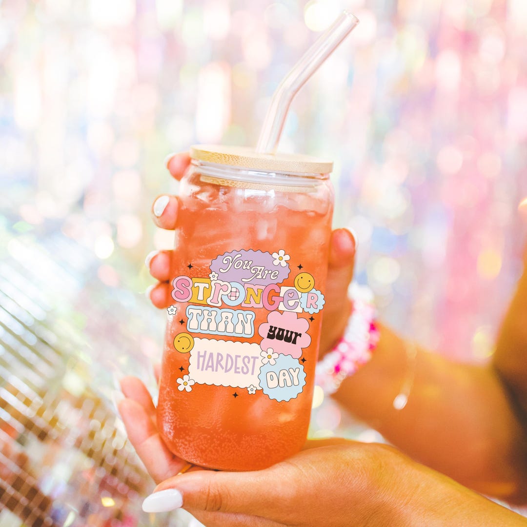 Preppy Glass Cup Positive Affirmation Cup With Bamboo Lid Glass Straw ...