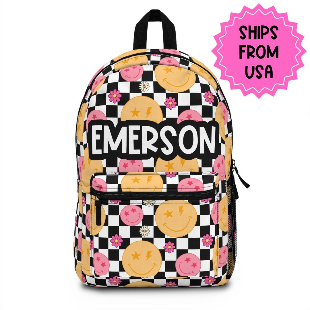 Personalized Backpack Smiley Face Checkered, Back to School Gifts for ...