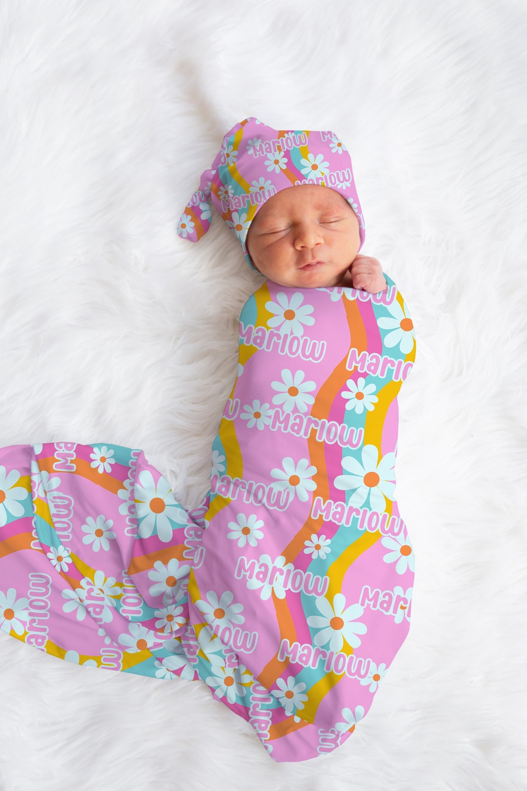 Personalized Groovy Floral Swaddle Bow Set Newborn, Swaddle Hat Set ...