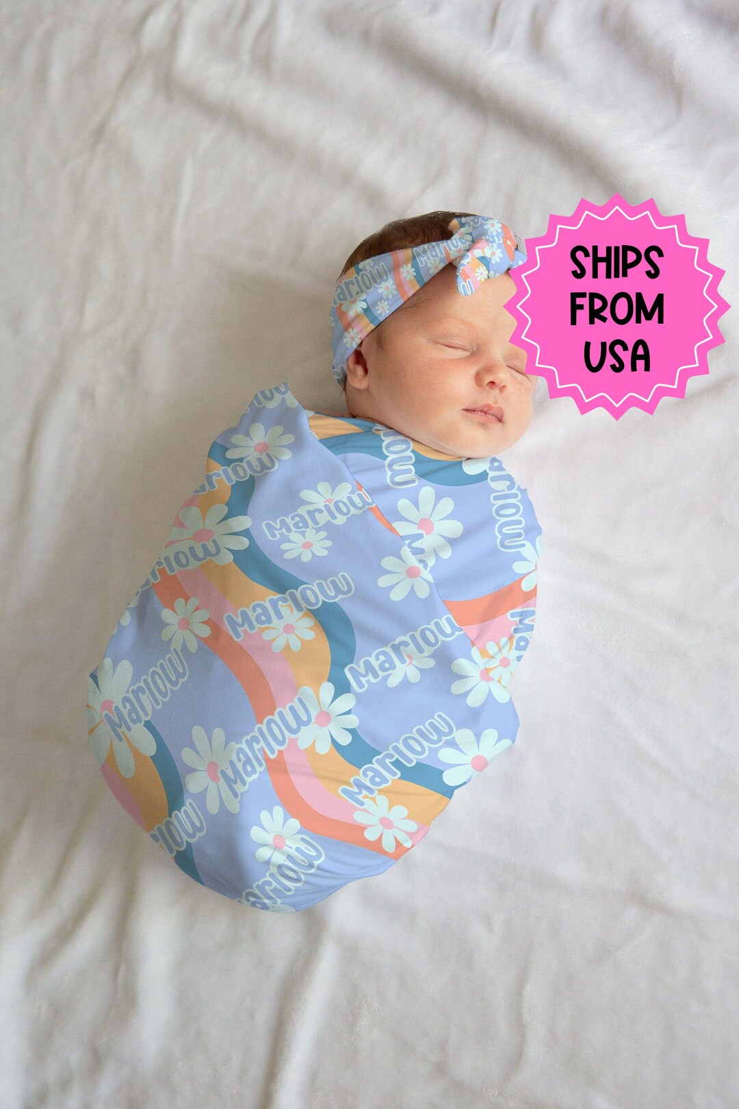 Personalized Groovy Floral Swaddle Bow Set Newborn, Swaddle Hat Set ...