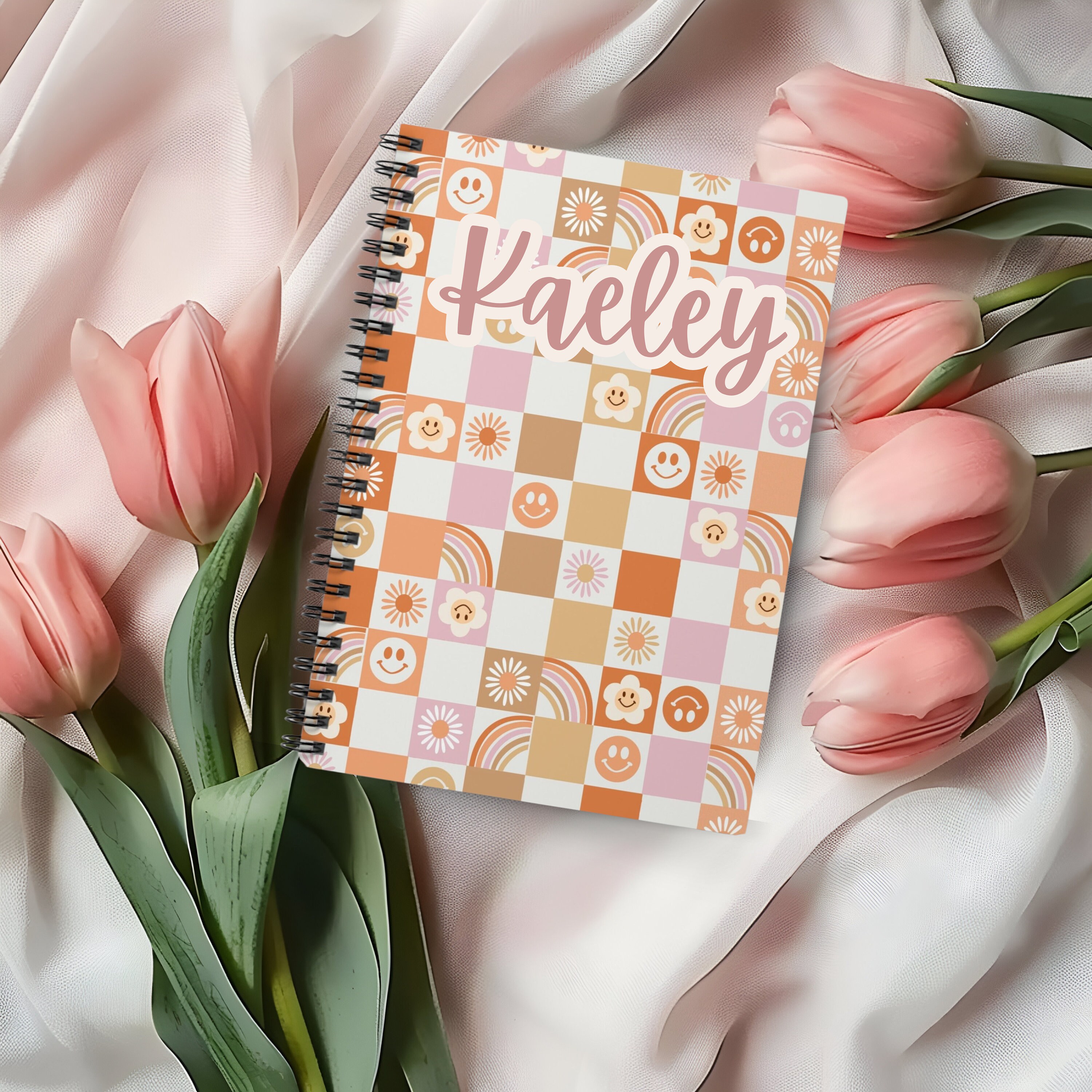 Personalized Retro Notebook, Checkered Spiral Journal, Smiley Face ...