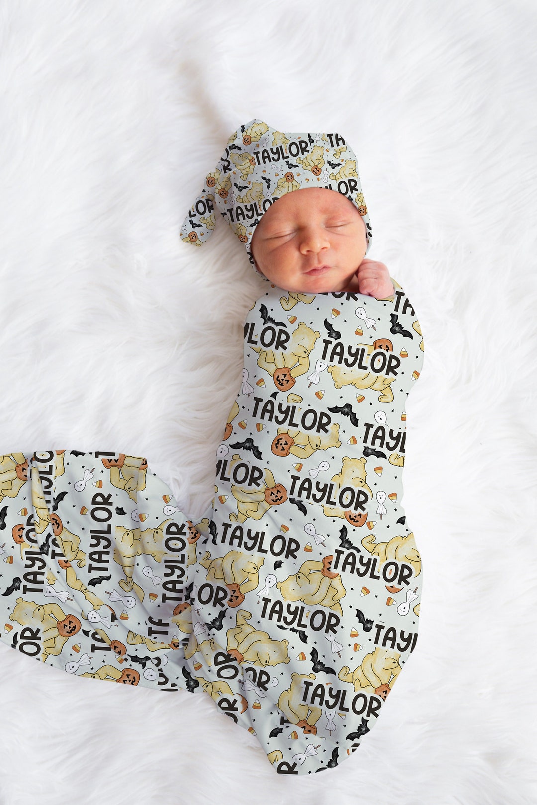 Personalized Winnie the Pooh Newborn Swaddle Set, Halloween Swaddle Bow Set, Fall Swaddle Hat ...