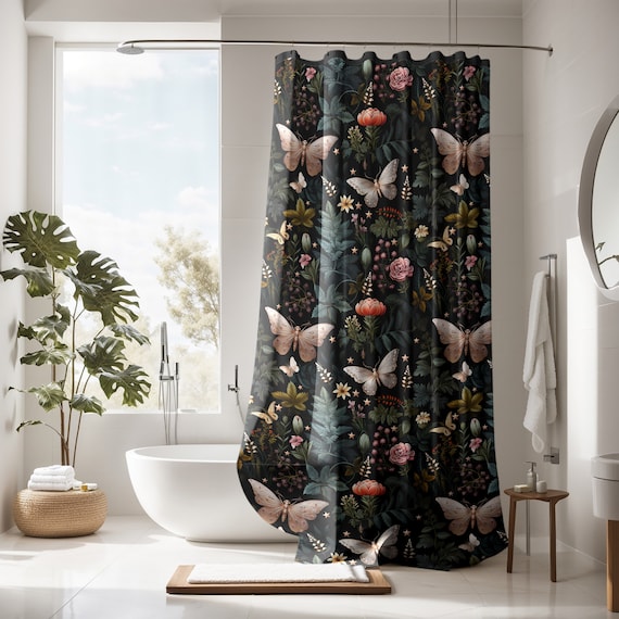 Moody Black Botanical Shower Curtain Dark Academia Cottagecore Vintage Apothecary Herbs Plants Eclectic Maximalist Bathroom Decor Etsy
