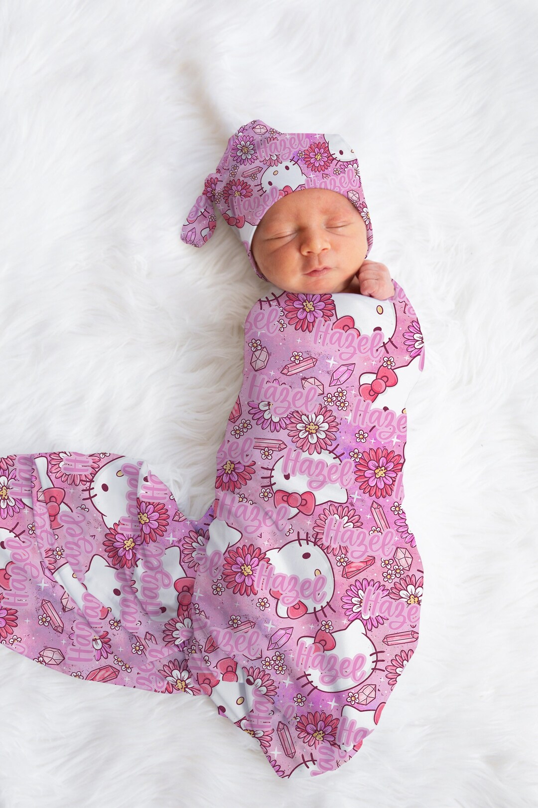 Personalized Pink Anime Cat Swaddle Bow Set Newborn Swaddle Hat Set ...
