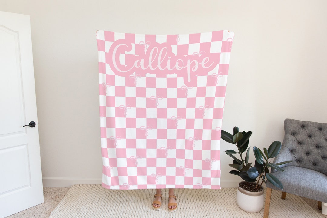 Personalized Pink Checkered Bow Coquette Blanket, Balletcore Blanket ...