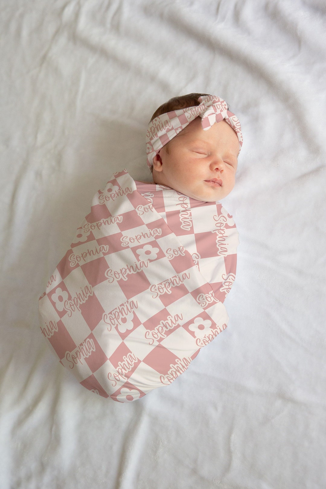 Personalized Newborn Swaddle Set, Custom Name Pink Checkered Swaddle ...