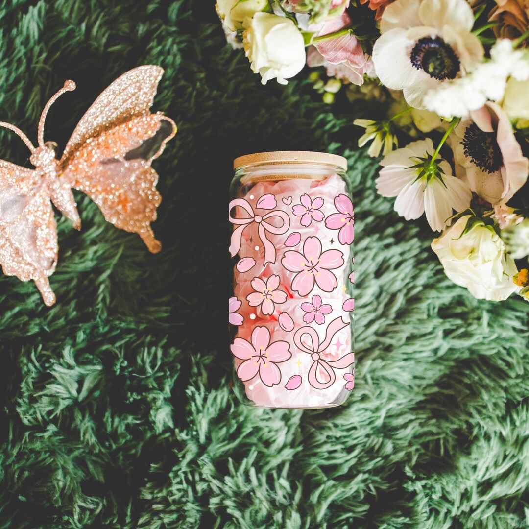 Girly Coquette Bow Glass Cup With Bamboo Lid Glass Straw, Cute Cup Beer ...