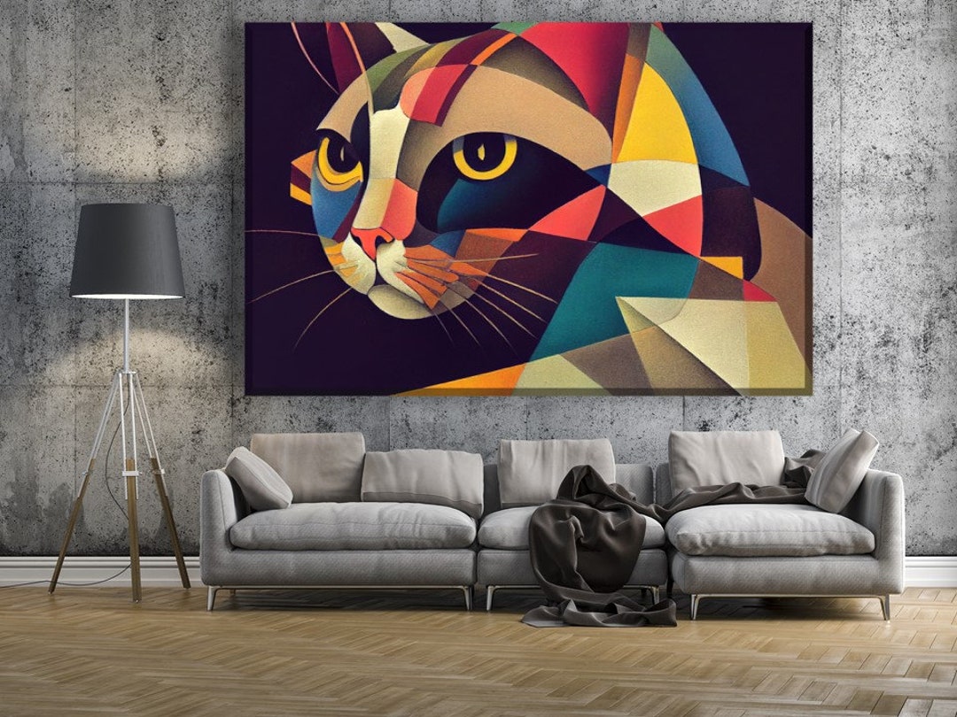 Cat Color Art Canvas, Cubism Style Wall Art, Cat Lover Gift, Stretched ...