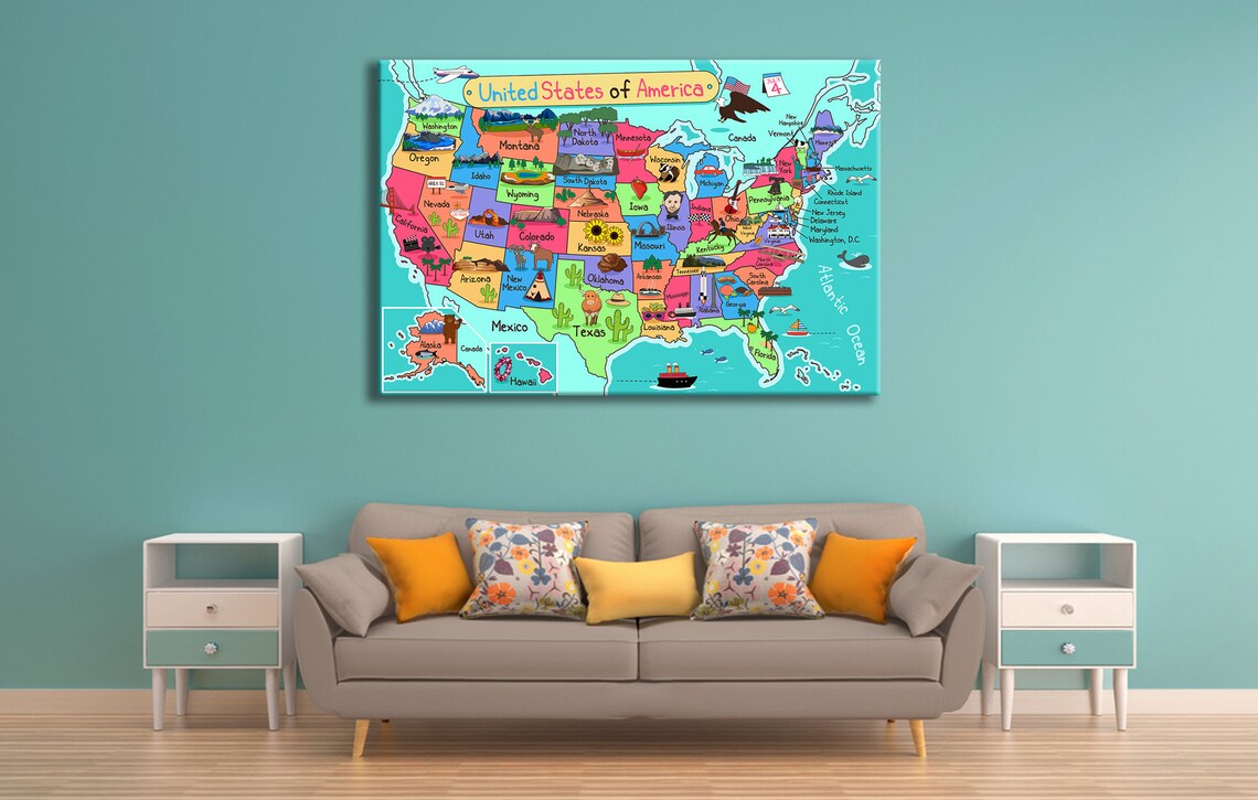 Funny Travel Map United States Map USA Map Kids Canvas - Etsy