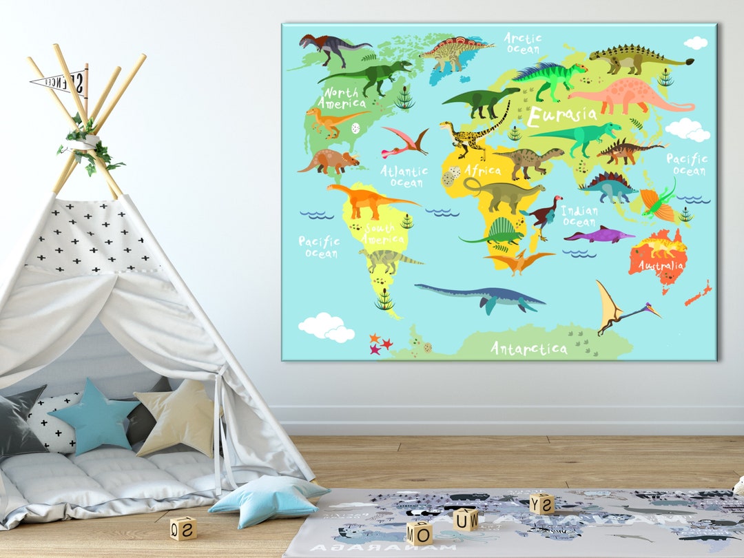 Dinosaurs World Map, World Map for Kids, Dinosaurs Map Kids Canvas, Map ...