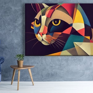 Cat Color Art Canvas, Cubism Style Wall Art, Cat Lover Gift, Stretched ...