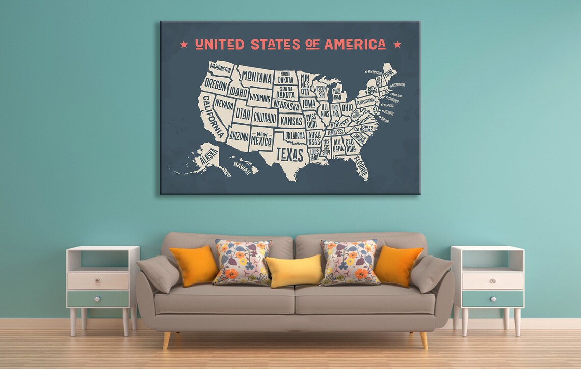 United States Map USA Map Canvas Stretched Ready to Hang - Etsy