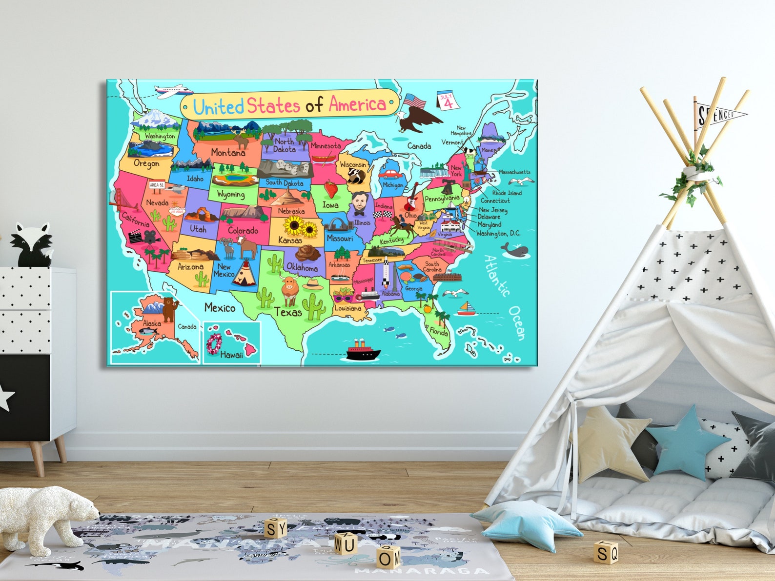 Funny Travel Map United States Map USA Map Kids Canvas | Etsy
